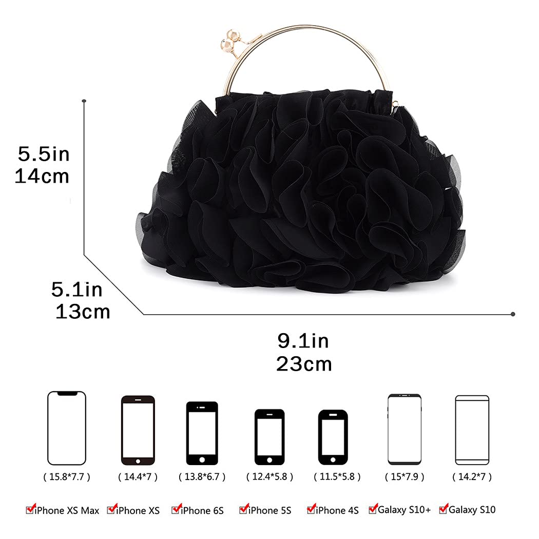 Barode Floral Clutch Purses for Women Satin Flower Evening Bag Party Prom Handbags (Black)