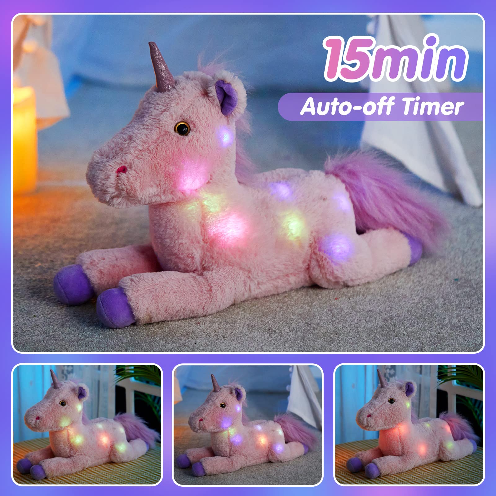 Houswbaby 19'' Light Up Unicorn LED Stuffed Animal Glow at Night Soft Plush Toy Birthday Gift for Kids Girls, Pink