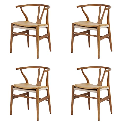 Forsho Wishbone Chair with PU Soft Seat Cushion,Mid-Century Solid Wood Y Back Weave Dining Chair(Ash Wood - Walnut + Cushion)