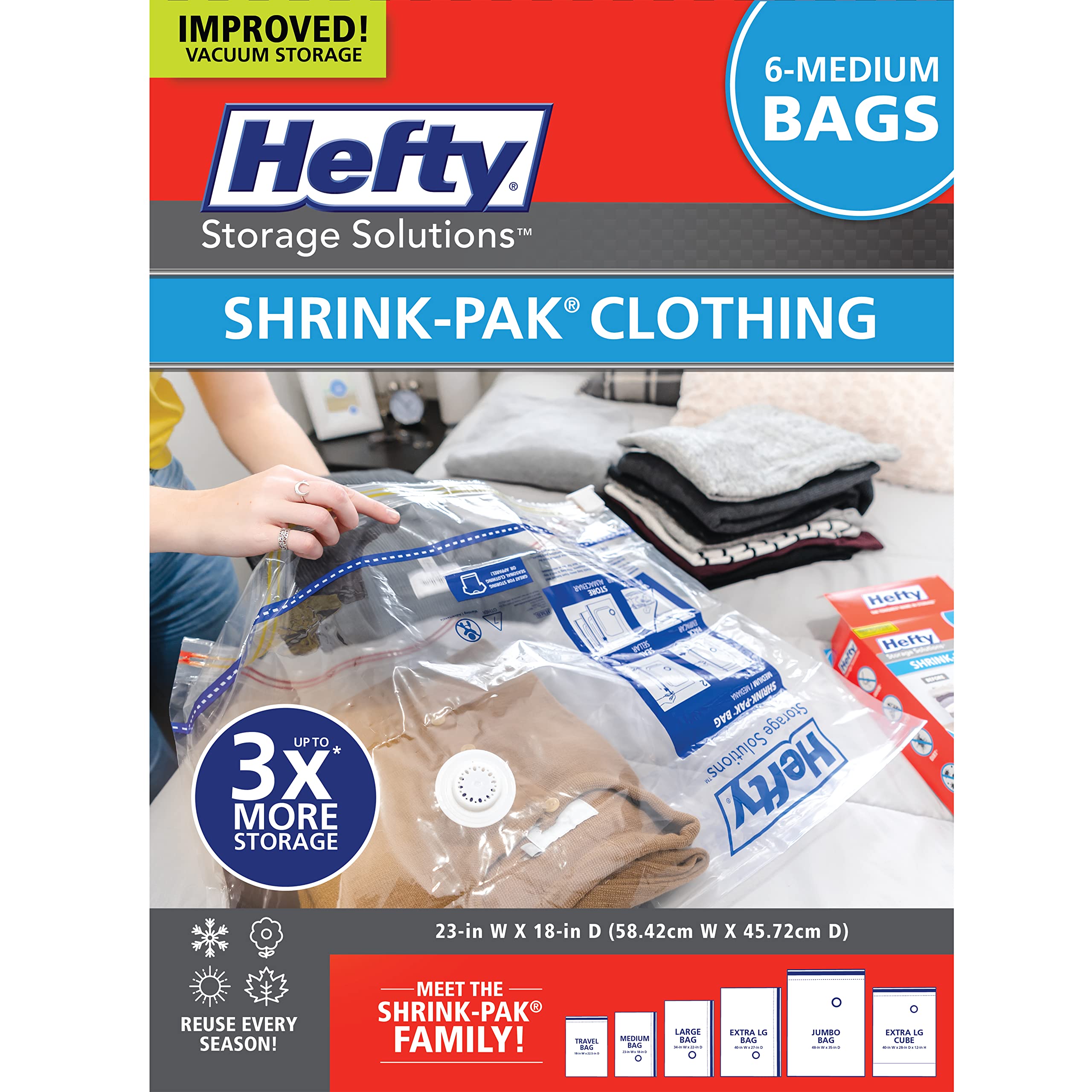 Hefty Shrink-Pak Vacuum Storage Bags ā For Clothes, Pillows, Towels, Blankets & More ā Space Saver Vacuum Suction Sealer Bags for Home or Travel ā 6 Medium Bags, 23 x 18 Inches