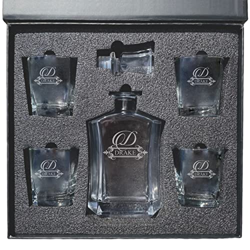 Personalized 5 pc Whiskey Decanter Set - Decanter and 4 Glasses Gift Set - Custom Engraved with Fancy Design