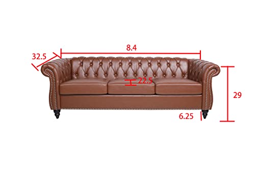 HomSof 84" Rolled Arm Chesterfield 3 Seater Sofa Mid Century Modern Couch for Small Spaces, Brown PU Leather