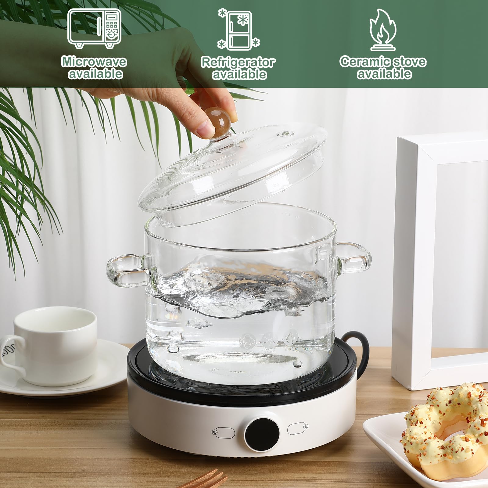 GANAZONO Cooking Pot Clear Saucepan Resistant Borosilicate Pot with Lid Handle Stovetop Simmer Pot Potpourri 1900ML