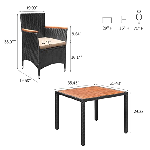 Flamaker 5 Piece Patio Dining Set Outdoor Acacia Wood Table and Chairs with Soft Cushions Wicker Patio Furniture for Deck, Backyard, Garden