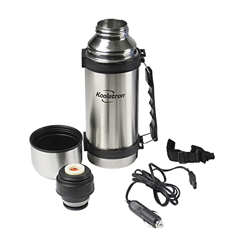 Koolatron 12V Insulated Vacuum Flask with Heater, 1L Silver and Black Stainless Steel, Push Button Dispenser, for Car, SUV, Truck, RV, Boat