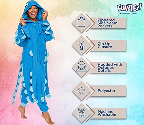 FUNZIEZ! Squid Costume -Adult Octopus Costume - One Piece Animal Pajama (Small) Blue
