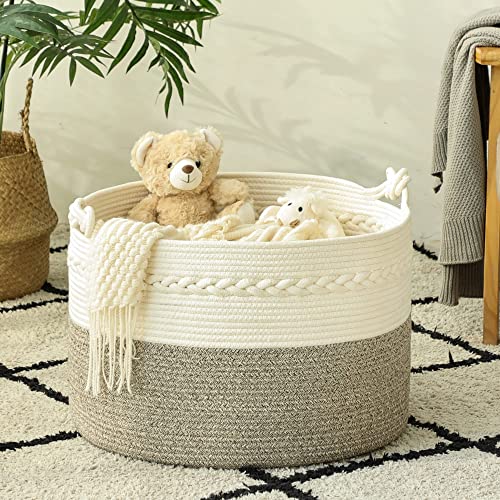 KAKAMAY Large Cotton Rope Blanket Basket (20"x13"),Woven Baby Laundry Hamper,Blanket Basket for Nursery, Laundry, Living Room, Pillows, Toys (White/Beige)