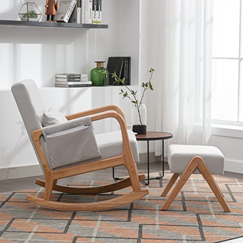 Nursery Rocking Chairs Glider Chair for Nursery, Rocker Chair with Ottoman Set, Modern Living Room Chair Nursing Comfy Chairs for Mom, Gift, Side Pocket, Lumbar Pillow, Leathaire, Light Gray