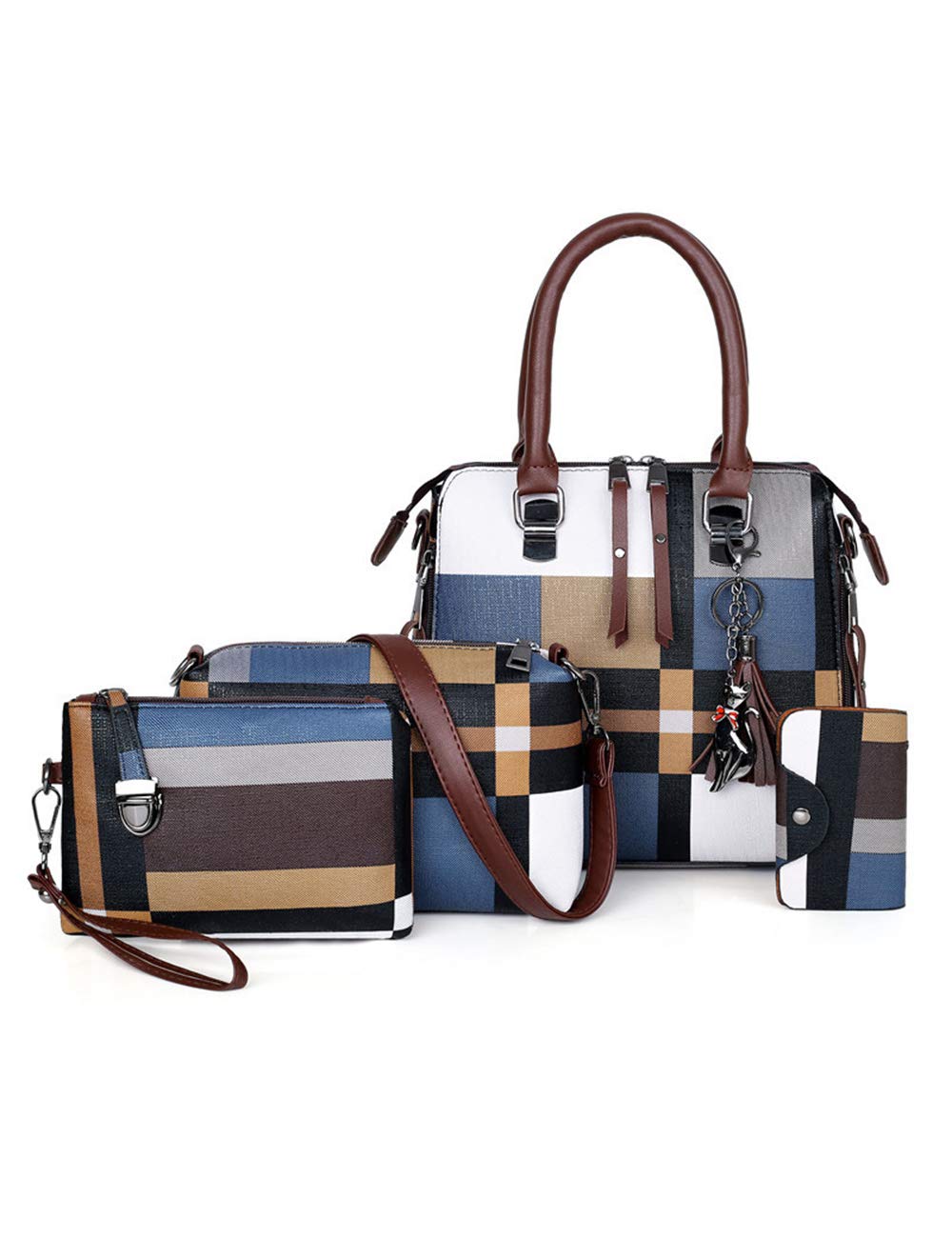 Luxury Handbags plaid Women Bags Designer Purses and Handbags Set 4 Pieces Bags Female Bolsa Feminina (Blue)