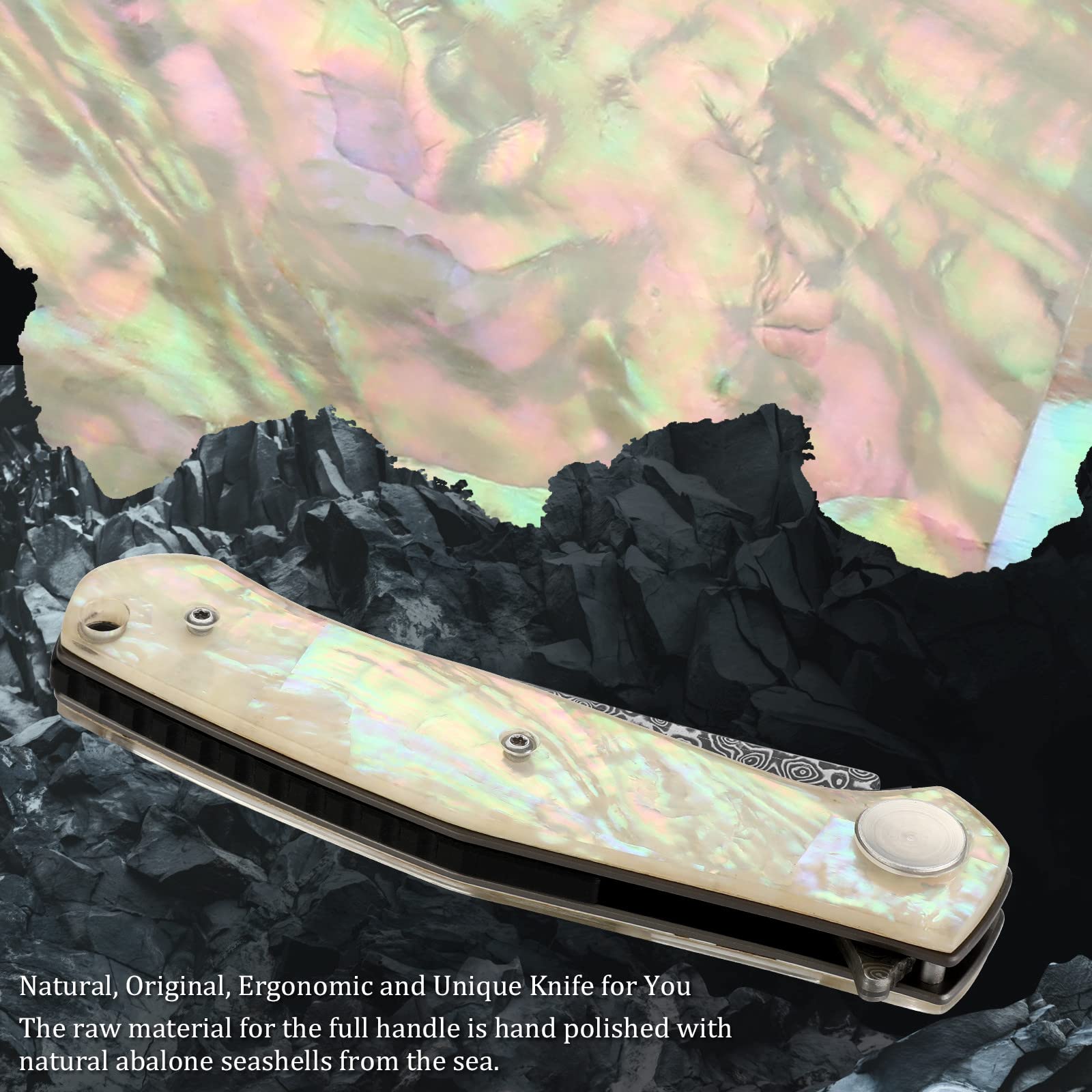 Benkey VG10 Damascus Abalone Seashells Pocket Knife 3 Pack and VG10 Damascus Natural Wood Pocket Knife Bundles