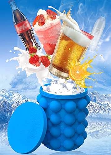 Ice Cube Mold Ice Cube Trays, New 3D Ice Cubes Maker(2 in 1), Large Cylindrical Silicone Ice Bucket for Frozen Cocktail, Beverages and More - Blue