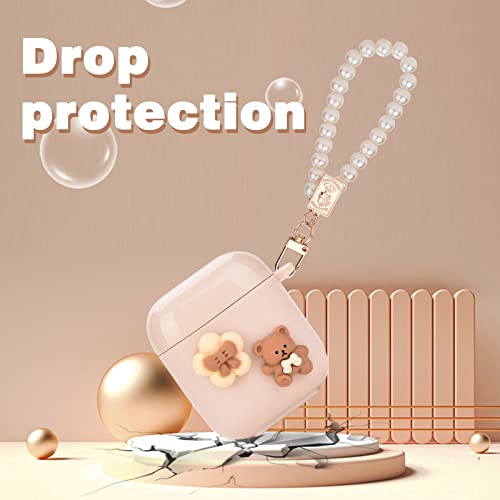 Mainrenka Cute Kawaii AirPods 2nd 1st Generation Case Aesthetic for Women and Girls with Pearl Chain Smooth Soft Protective Cover