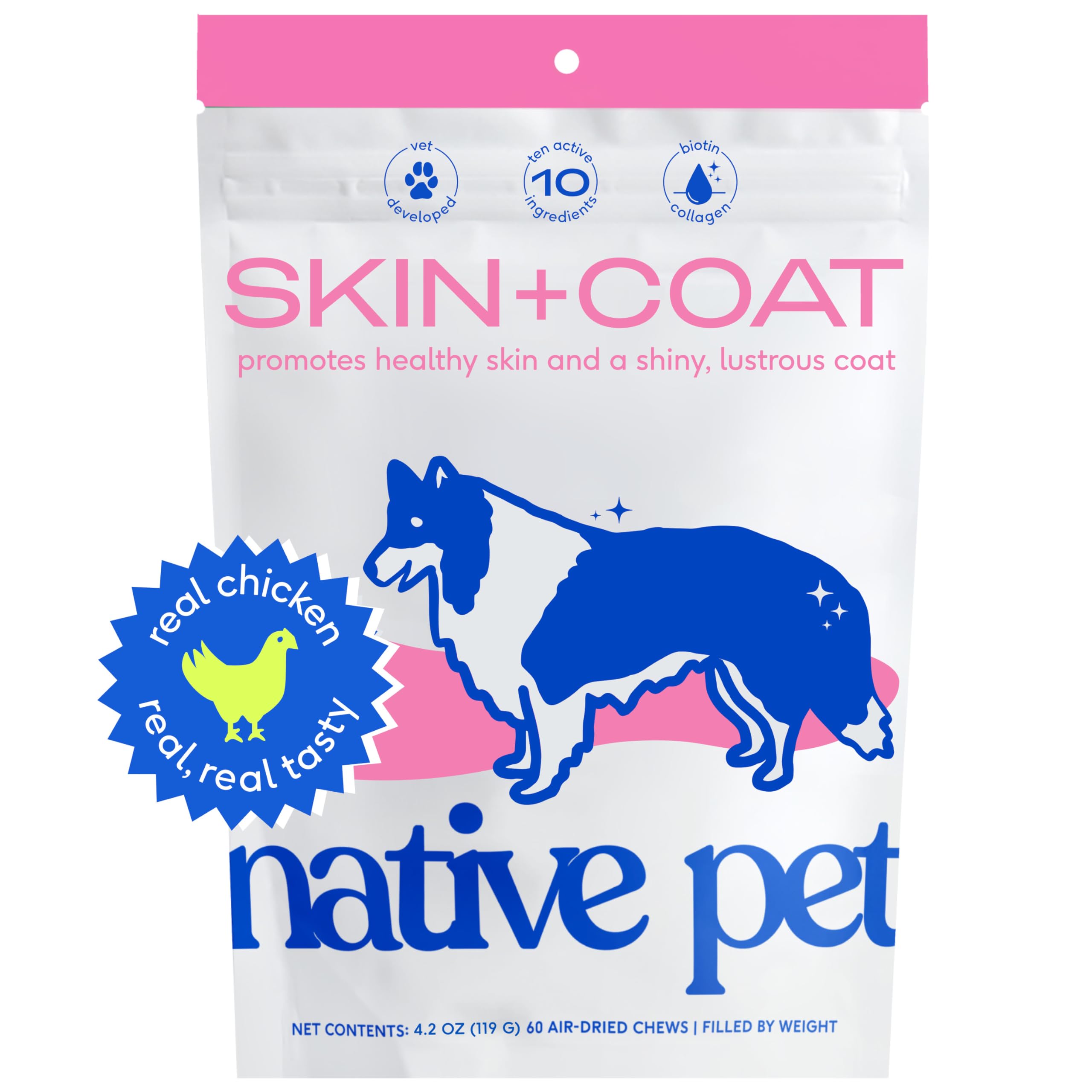 Native Pet Skin and Coat Chews for Dogs - Made with Wild-Caught Salmon Oil for Dogs Skin and Coat - Omega 3 for Dogs - Dog Shedding Supplement for Dog Hair Loss Treatment, Dog Hair Regrowth - 60 Chews