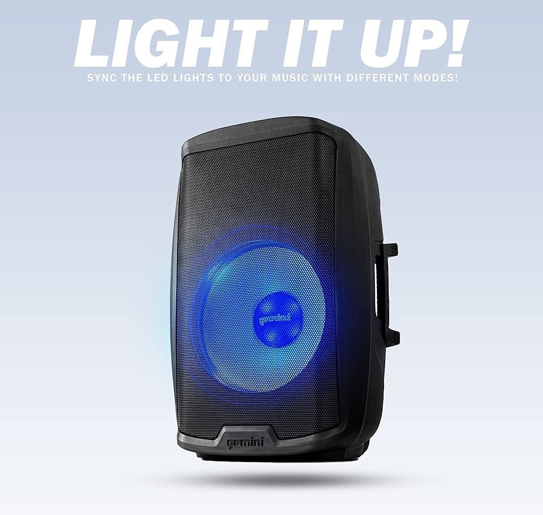 Gemini Sound AS-2115BT-LT Active 2000W Watt Party LED Light 15 Inch Woofer Powered Stage DJ Monitor Bluetooth PA Speaker, Wireless Stereo Pairing, Portable Fly Points
