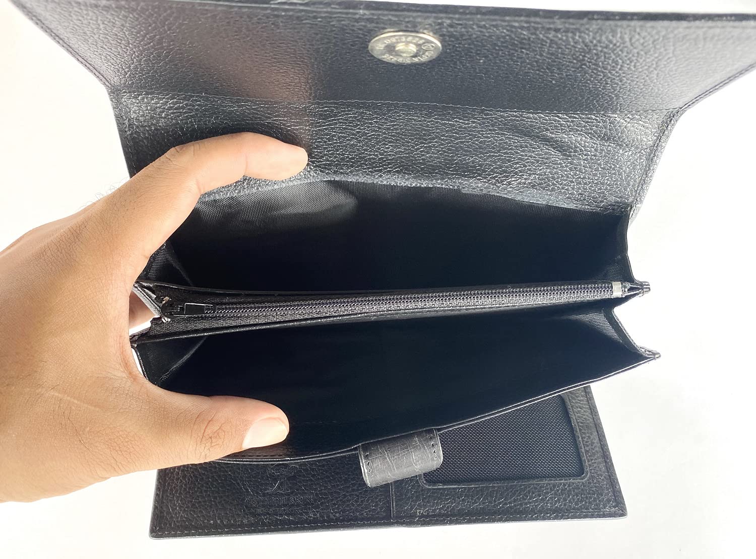 Julie Genuine Real Ostrich Skin Leather Trifold Clutch Long Black Wallet