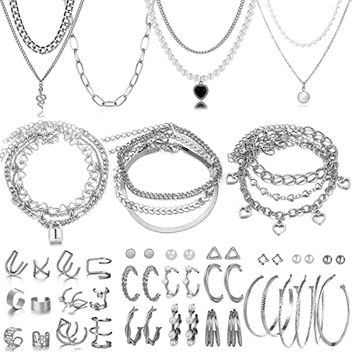 CONGYING 46 Pcs Gold Jewelry Set with 11Pcs Necklace, 11 Pcs anklet and 18 Pcs Earring Ear Cuff,6Hoop Earrings for Women Girls, Fashion Indie Costume Jewerly Pack for Anniversary Christmas Party Gift