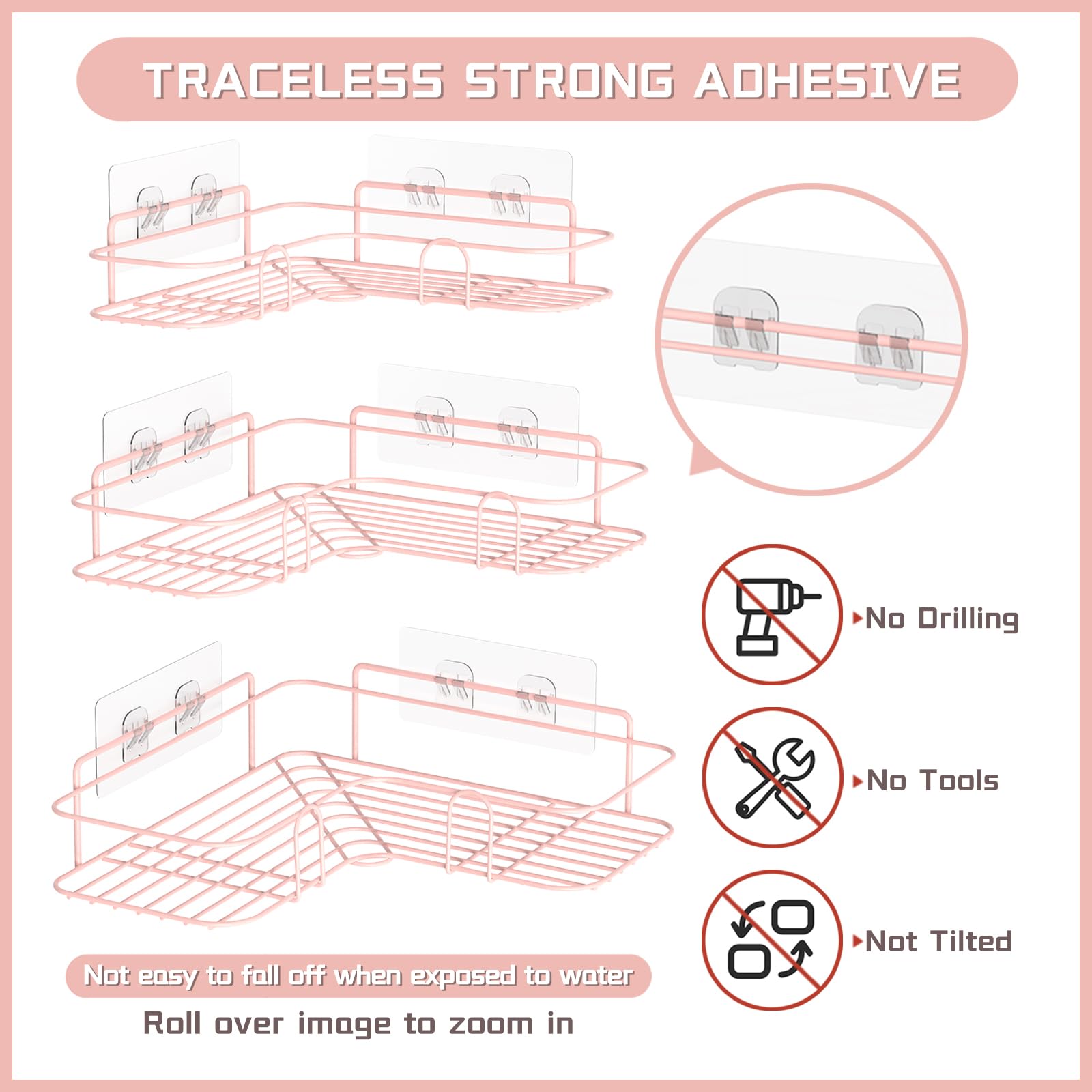 Corner Shower Caddy,4-Pack Adhesive Shower Organizer with Soap Holder,No Drilling Shower Shelves Stainless Steel Rustproof Shower Rack for Bathroom, Kitchen Storage,Pink