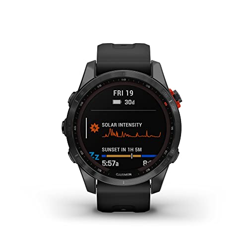 Garmin fenix 7S Solar, Smaller sized adventure smartwatch, with Solar Charging Capabilities, Rugged outdoor watch with GPS, touchscreen, health and wellness features, slate gray with black band