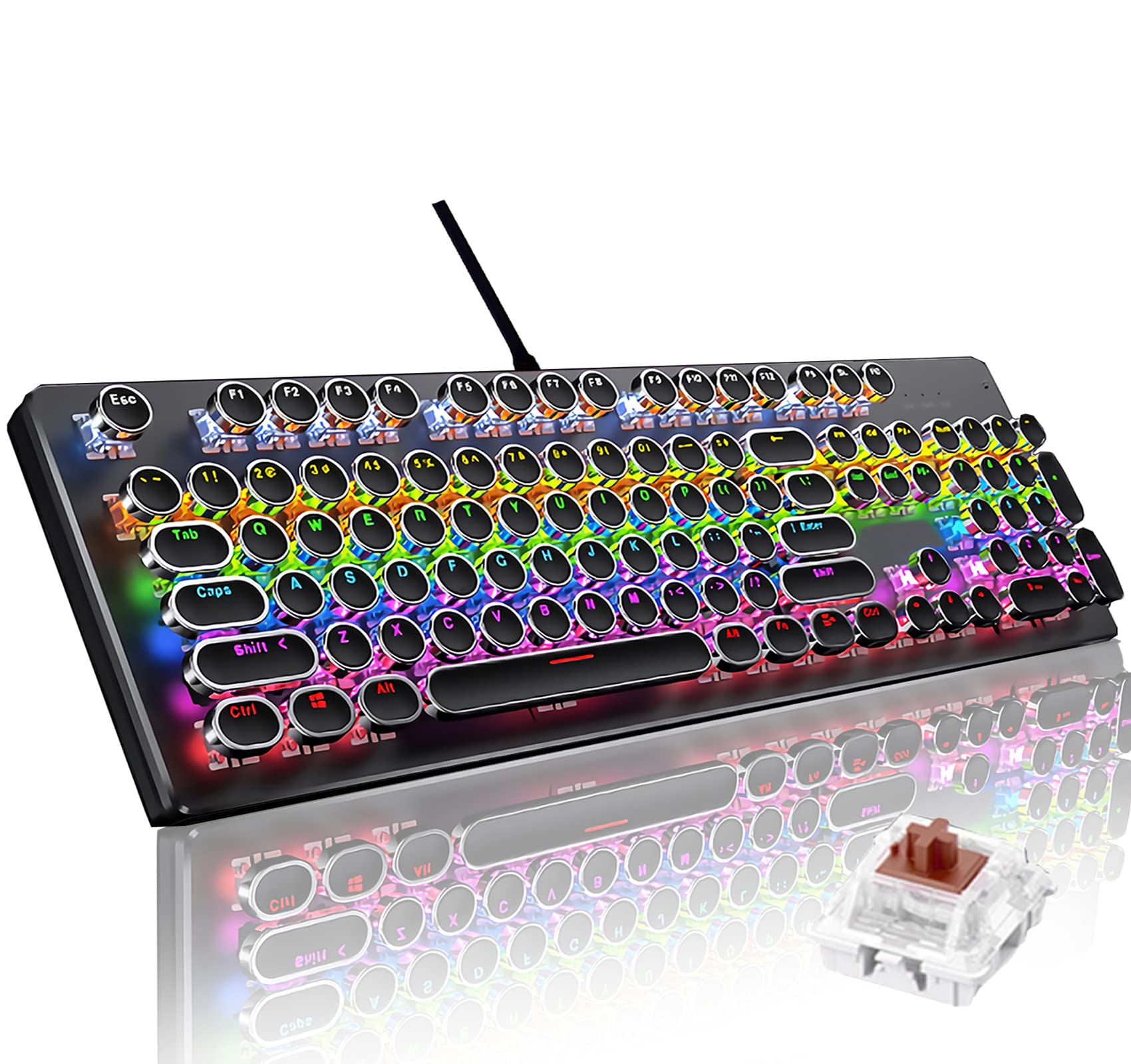 Basaltech Brown Switch Mechanical Keyboard with Rainbow LED Backlit, Typewriter Style Gaming Keyboard with 104-Keys Round Keycaps, Retro Steampunk Keyboard Metal Panel with Wired USB for PC/Mac