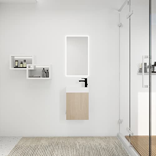 Floating Bathroom Vanity with Sink Combo for Small Space, 16" Wall Mounted Modern Bath Storage Cabinet Vanity Set with Wood Door Resin Basin (Oak)