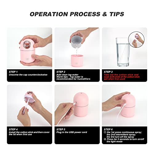 Mini Humidifiers for bedroom,Cool Mist Humidifiers,Small humidifier for Bedroom,Home, Travel Office and Plants.(300ml,pink)