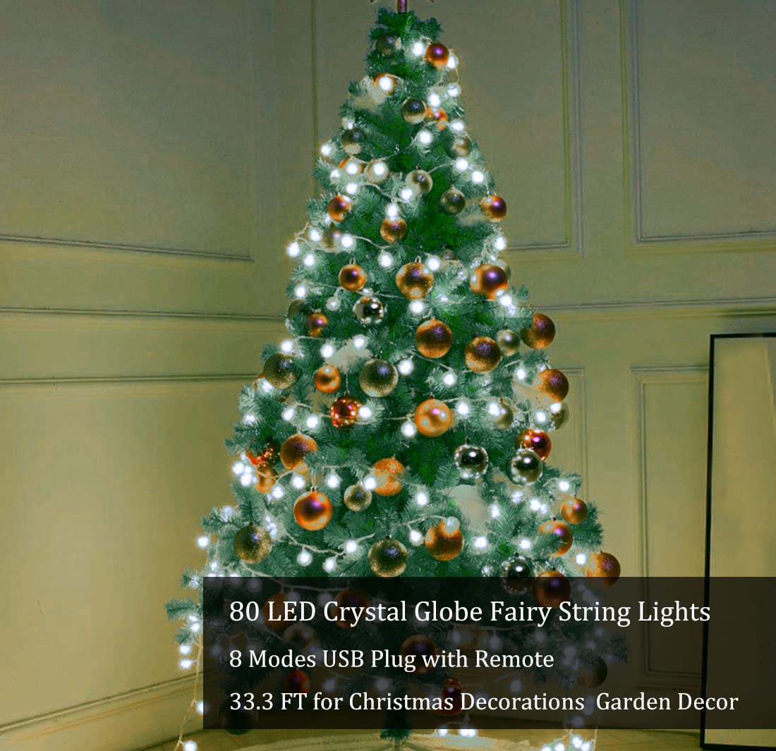 Globe String Lights Fairy Lights 33ft 80 LED String Lights for Bedroom 8 Modes USB with Remote Waterproof Indoor Outdoor Table Decor Hanging Lights Home Patio Garden Wedding Party Decor,Cool White