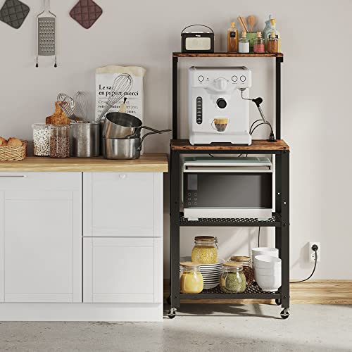 IRONCK Bakers Rack with Power Outlet, Industrial Microwave Cart with Wheels 3-Tier Coffee Bar for Kitchen Living Room Vintage Brown