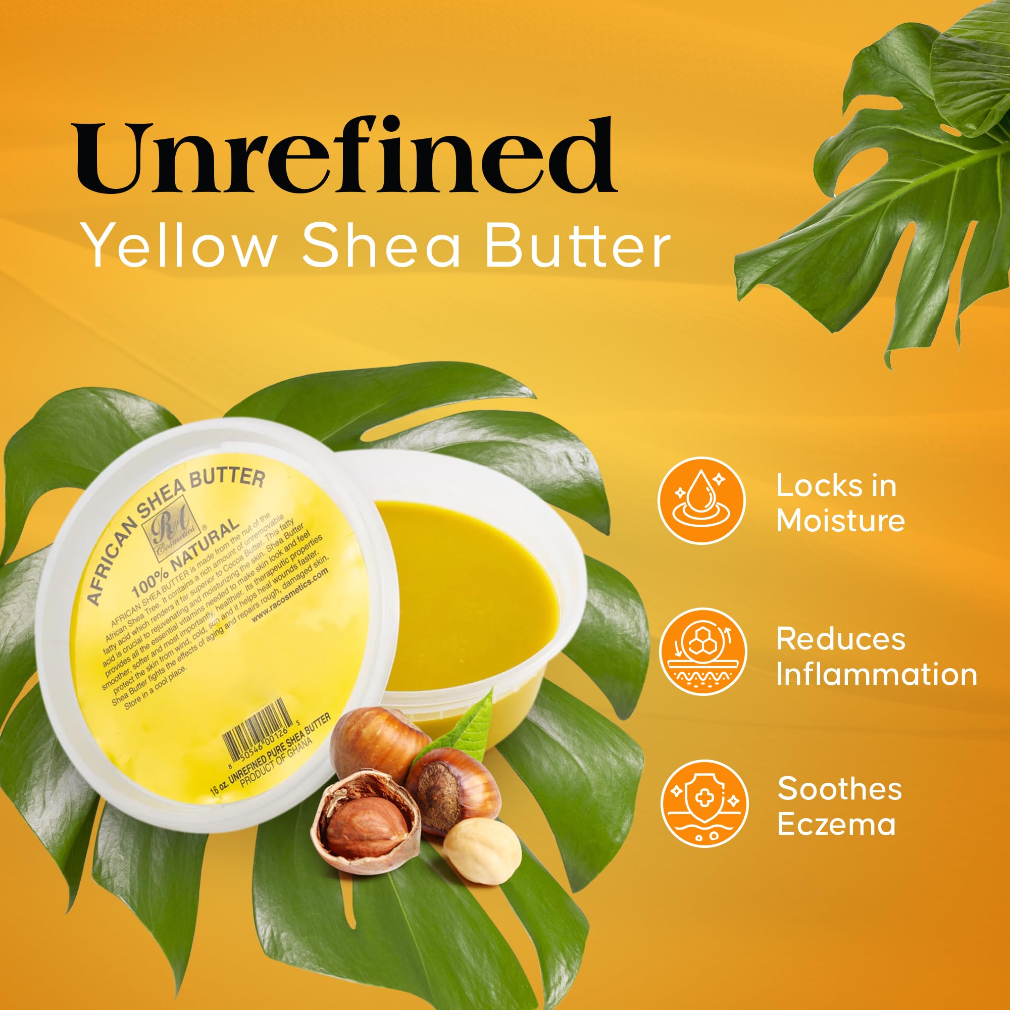 RA Cosmetic's 100% Natural Unrefined Yellow Shea Butter – Pure African Luxury for Skin & Hair - Sourced from Ghana - 16oz Jar