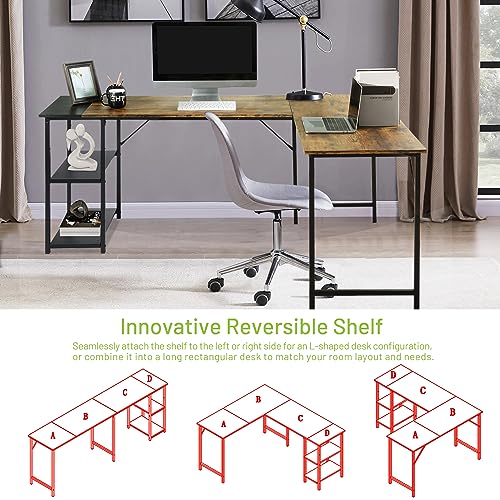 FurnitureR L-Shaped Home Office Computer Desk 66 inches Large Study Writing Student Laptop PC Gaming Corner Table with Shelves for Apartment Dormity Small Spaces, Brown