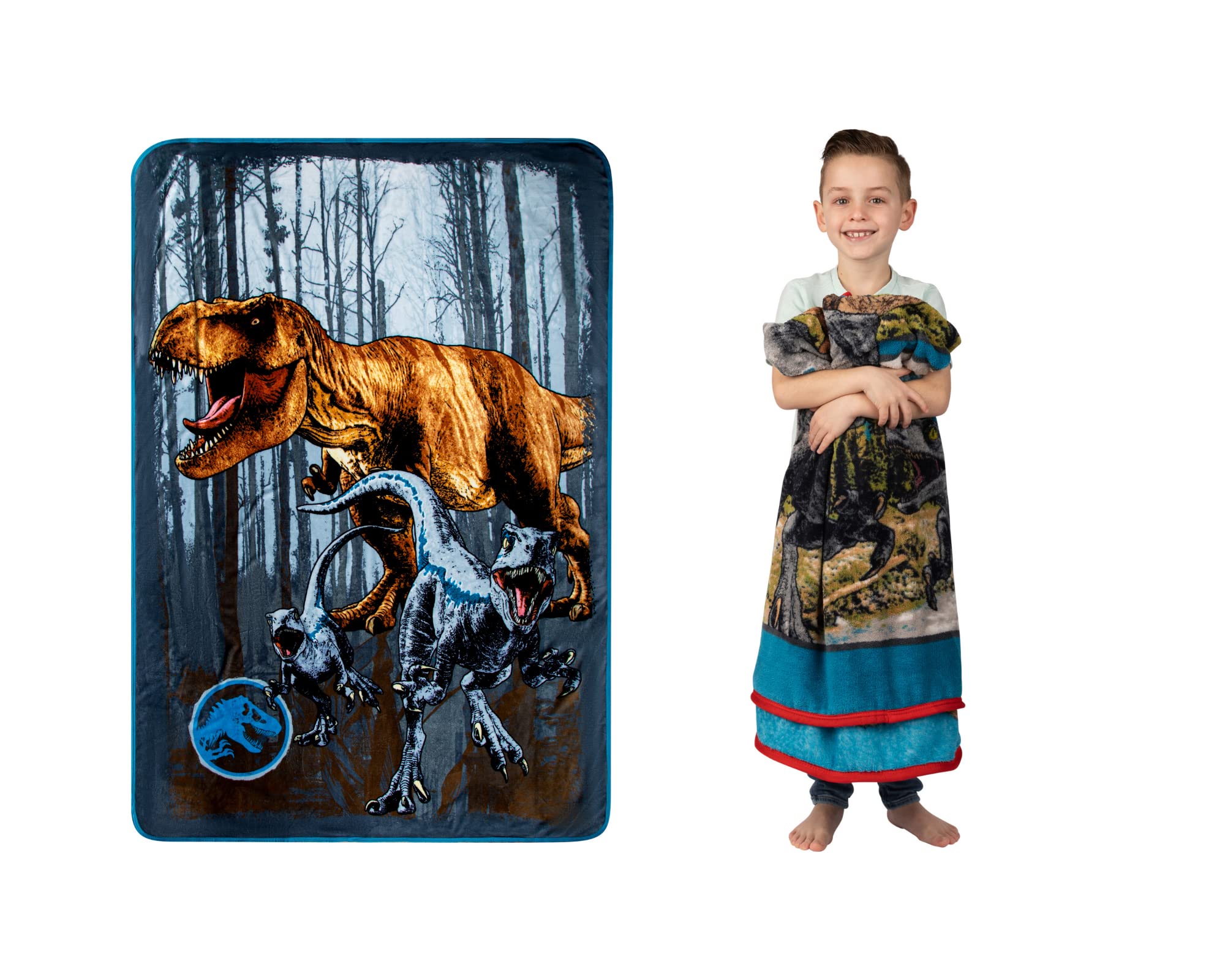 Jurassic World Dominion Blue Velociraptor and Rexy T-Rex Super Soft Plush Micro Raschel Blanket, 46 Inches x 60 Inches, Bedding by Franco Kids