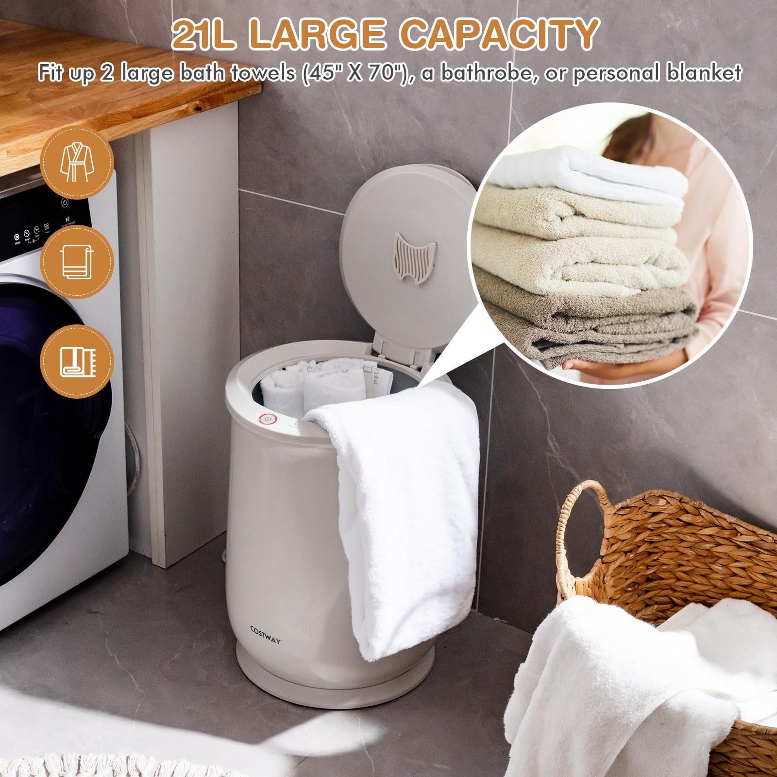 COSTWAY Bucket Style Towel Warmer, Large Towel Warmer with Flip-top Lid, Auto Shut Off, Ideal for 2 Oversized 45β x 70β Towels, Bathrobes, Portable Towel Warmer for Bathroom, Pool, Spa