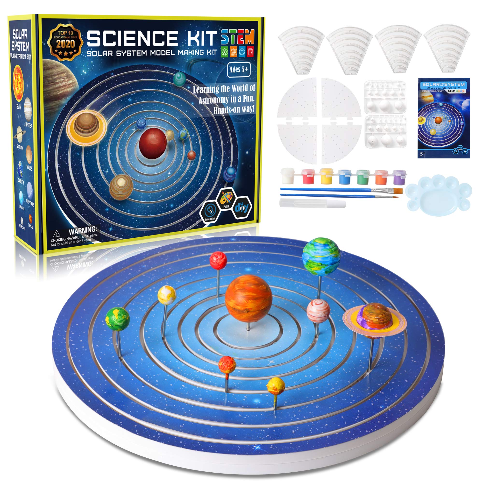 GPTOYS 3 in 1 Build and Paint Solar System for Kids, Arts and Crafts Science Kits for Kids Age 4-6-8-12, Glow in The Dark Movable 3D Planets in Orbits, Cool 12" STEM Toys with Galaxy Star Stickers