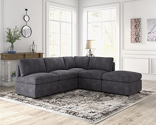 FDW L Shaped Couch Convertible 4-Seat Sofa with Ottoman for Living Room Bedroom Office, Dark Gray