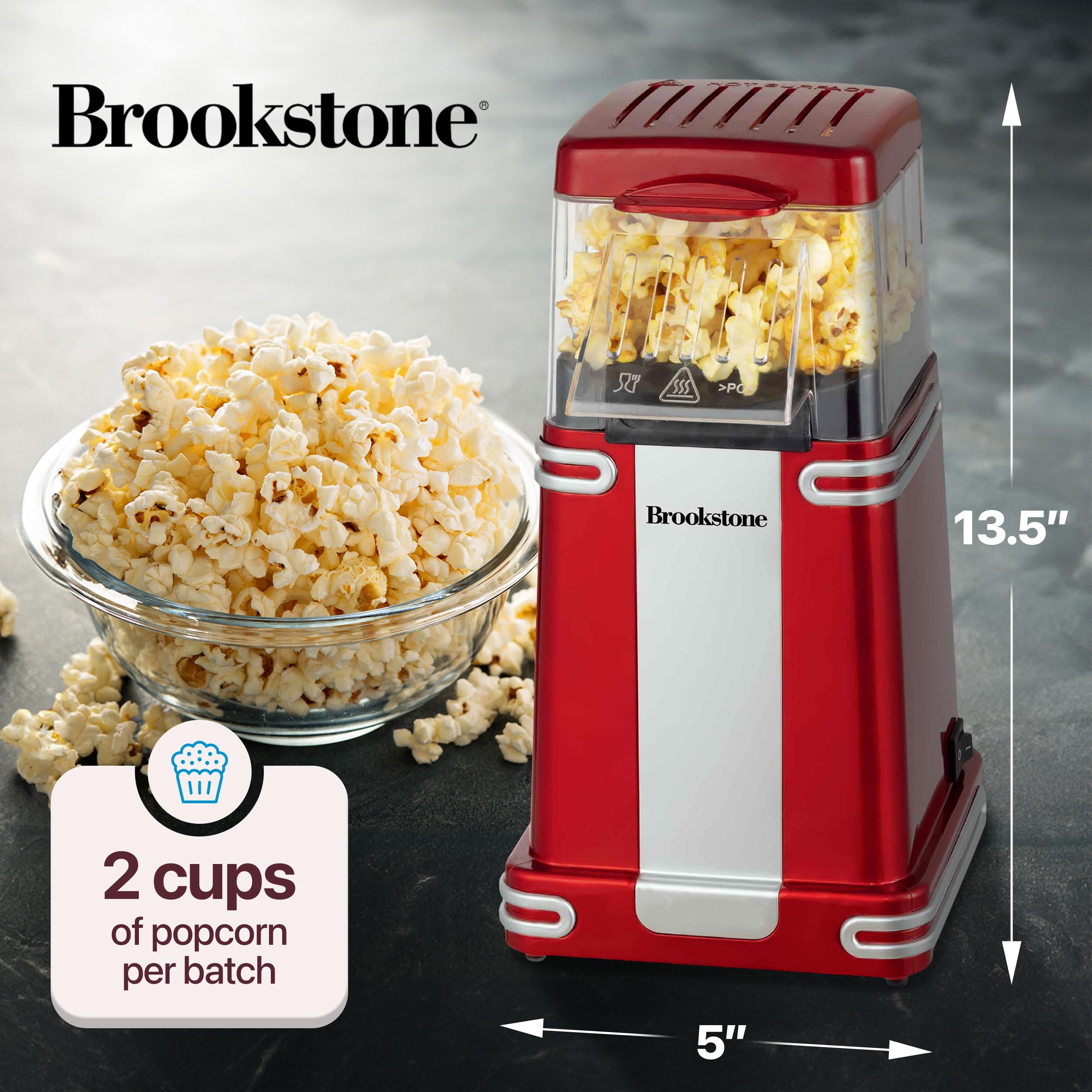 Brookstone Classic Style Popcorn Machine, Air Popper Popcorn Maker Machine Electric, Nostalgia Movie Theatre Popcorn Style, Makes 2 Cups, No Oil, Food Safe, Nostalgia Popcorn Maker, Holiday Gift