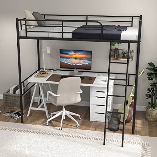 Giantex Metal Loft Bed Twin Size for Juniors & Adults, Loft Bed Frame with Ladder & Safety Guardrail, 61" Under-Bed Space, Space-Saving Twin Bed for Teens, No Box Spring Needed (Black)