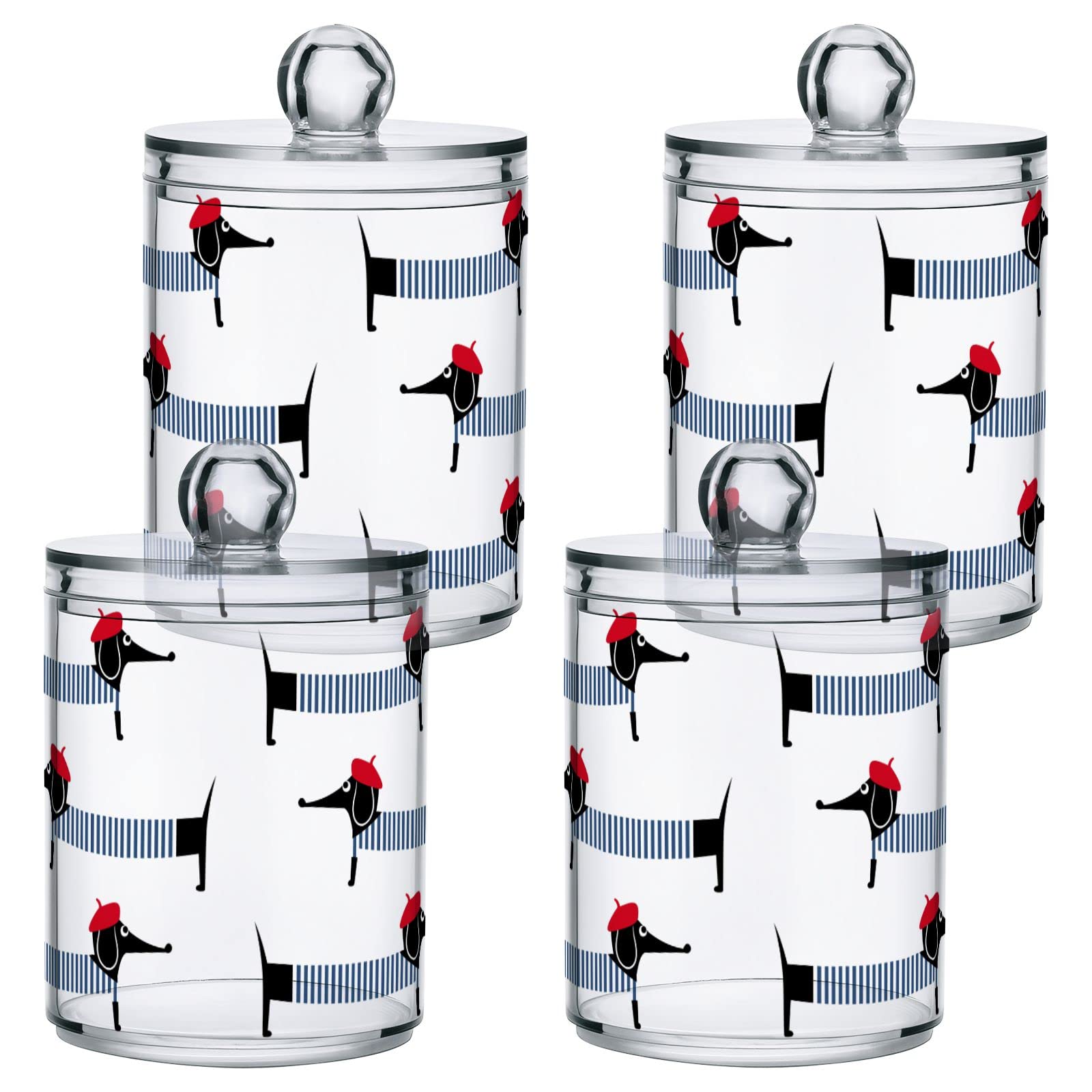 Fustylead 4 Pack Dachshunds Plastic Apothecary Jars with Lid, Bathroom Vanity Storage Organizer Canister for Qtip, Cotton Ball, Swab, Round Pads, Floss