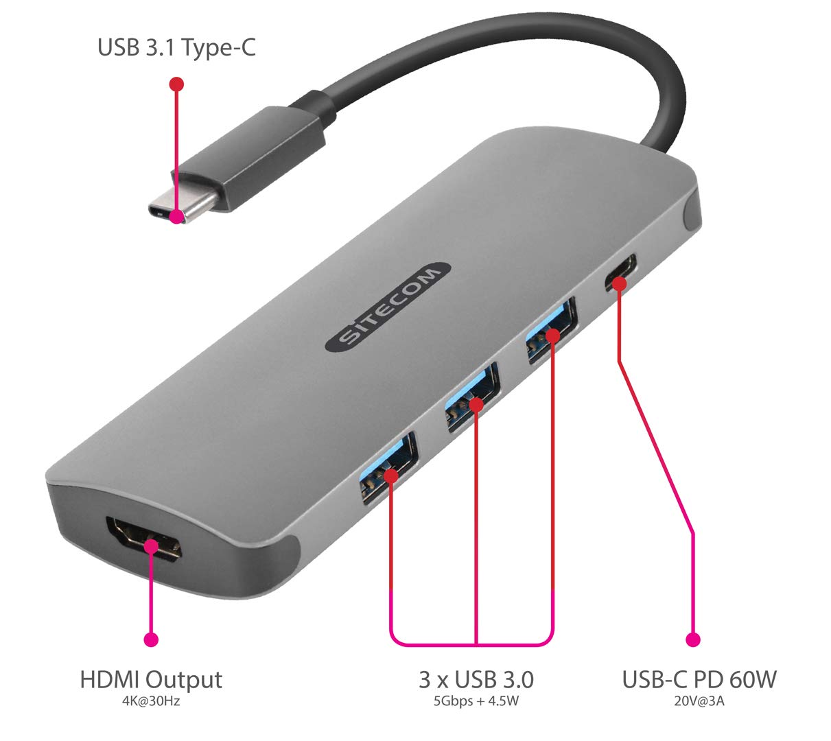 Sitecom USB-C to HDMI Adapter - with USB-C Power Delivery + 3 USB 3.0 Ports