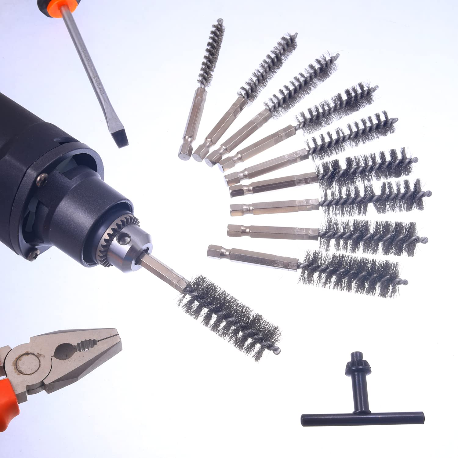 WENORA 10 Pcs Bore Brush for Drill, Drill Wire Bore Brush, Stainless Steel Bore Brush Set witn 1/4 Inch HexShank, Drill Wire Brush for Power Drill Impact Driver