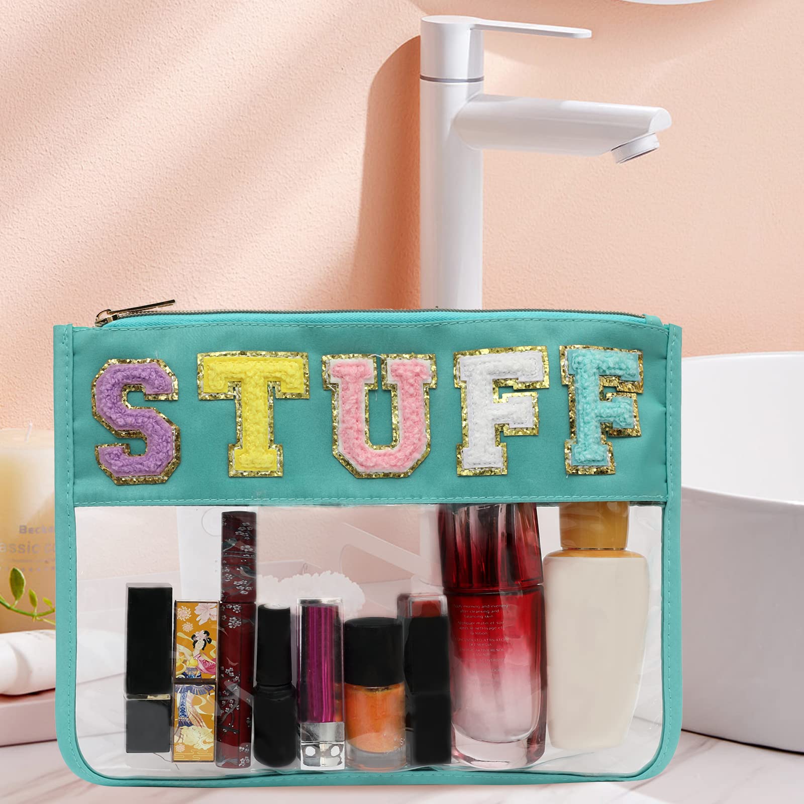 BCRMPT Chenille Letter Bag Clear Flat Pouch,Multi-purpose PVC&Nylon Clear Cosmetic Bags,Travel Makeup Bag With Zipper For Women,Clear Pouches for Travel,Gym,Beach (Green-Stuff)