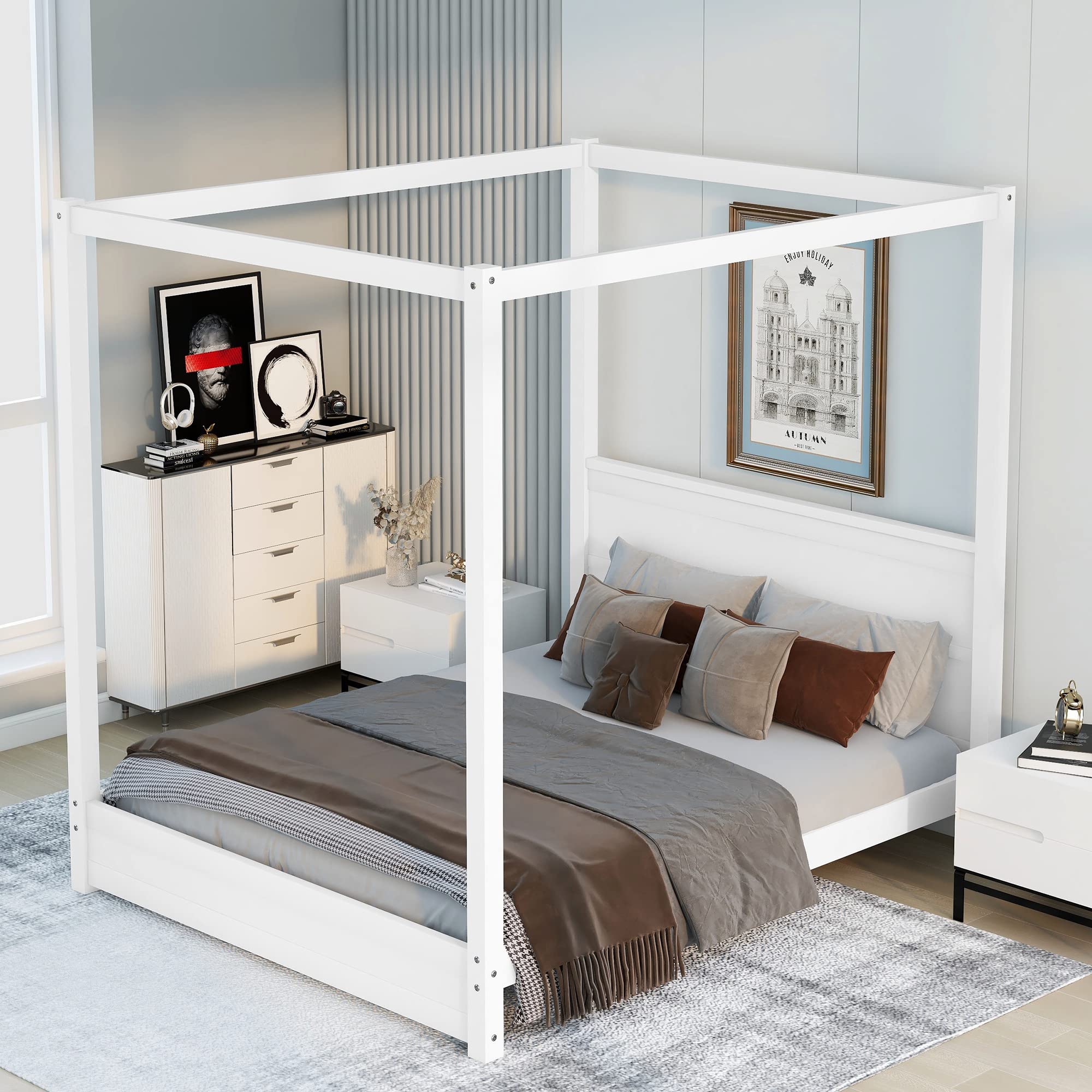 Queen Size Canopy Bed Frame, Solid Wood Queen Platform Bed with Headboard and Slat Support, Modern 4 Poster Panel Bed for Kids, Teens, Adults. No Box Spring Needed (Queen, White)