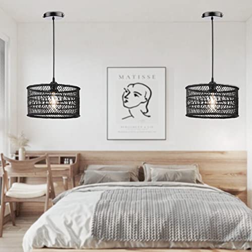 HOONEX Rattan Chandelier, Rattan Light Fixture Ceiling, 12.4" Wicker Pendant Light for Dining Room Bedroom Kitchen Island, Black