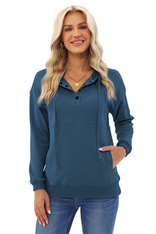 Diukia Women's Casual Button V Neck Solid Color Hooded Sweatshirt 2022 Fall Warm Long Sleeve Hoodie Outwear Fashion Drawstring Pocket Pullover Tops for Ladies Navy Blue S 4-6