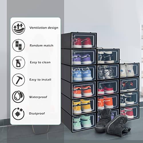 Hrrsaki 15 Pack Shoe Storage Boxes, Black Plastic Stackable Shoe Organizer Boxes with Front Opening Lids, Ventilation and Dust-proof, Shoe Container Boxes for Closet, Bedroom, Bathroom, Fit for Women/Men Size 9(13β x 9β x 5.5β)