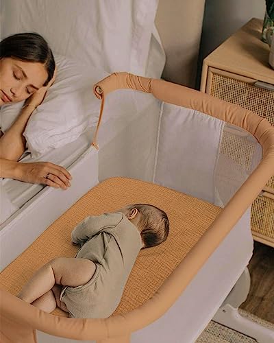Muslin Bassinet Sheet for Baby Boy, Girl and Unisex, Ultra Soft Bedside Bassinet Sheets Fitted for Oval, Rectangle and Hourglass Mattress Pad, 2 Pack (Retro Yellow&Beige)
