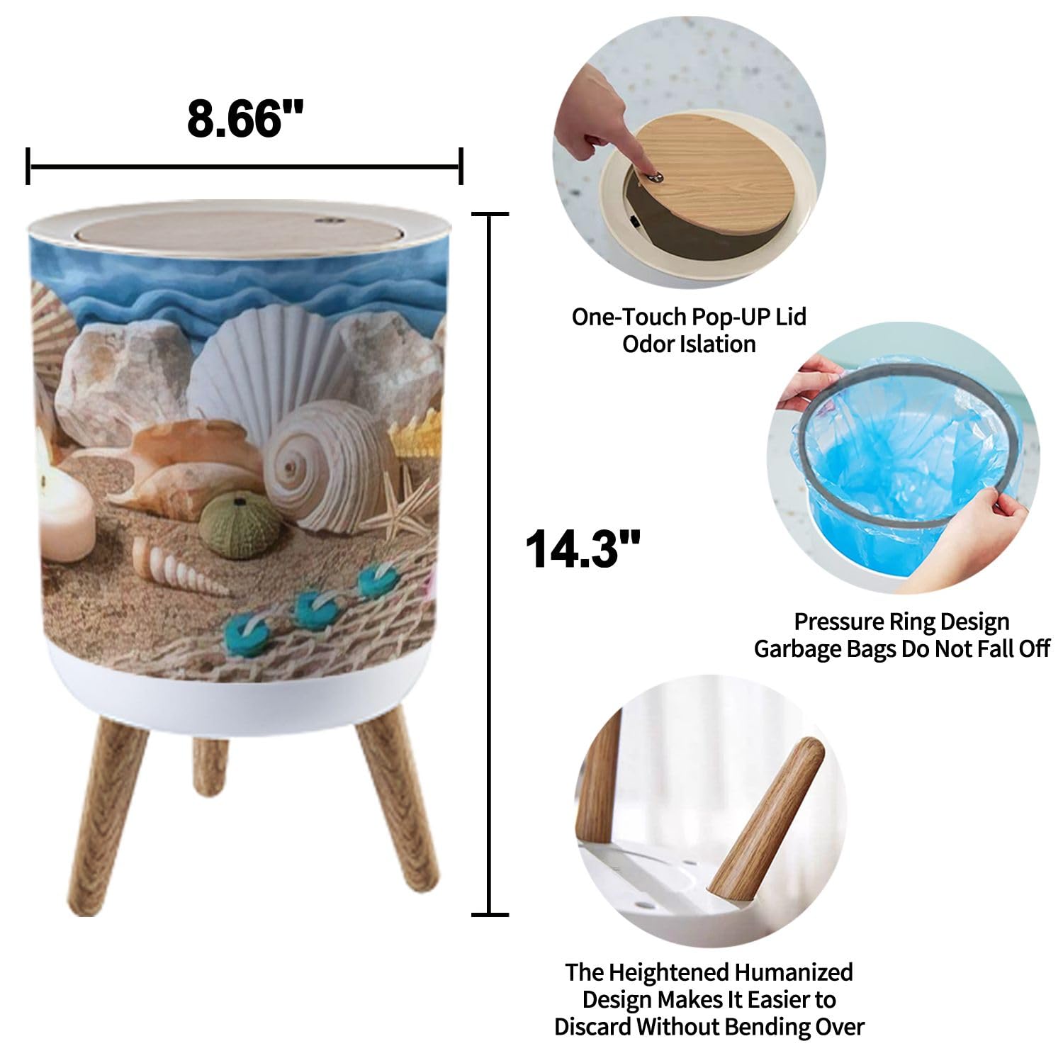 Small Trash Can with Lid for Bathroom Kitchen Office Diaper decoration Seashells shell a sea urchin a beach sand are decorated Bedroom Garbage Trash Bin Dog Proof Waste Basket Cute Decorative