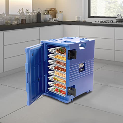 GDAE10 End-Loading Insulated Food Pan Carrier,82Qt/90L Hot Box for Catering, PE Food Box Carrier One-Piece Buckle, Front Loading Food Warmer w/Handles&Wheels, for Restaurant, Canteen, Blue