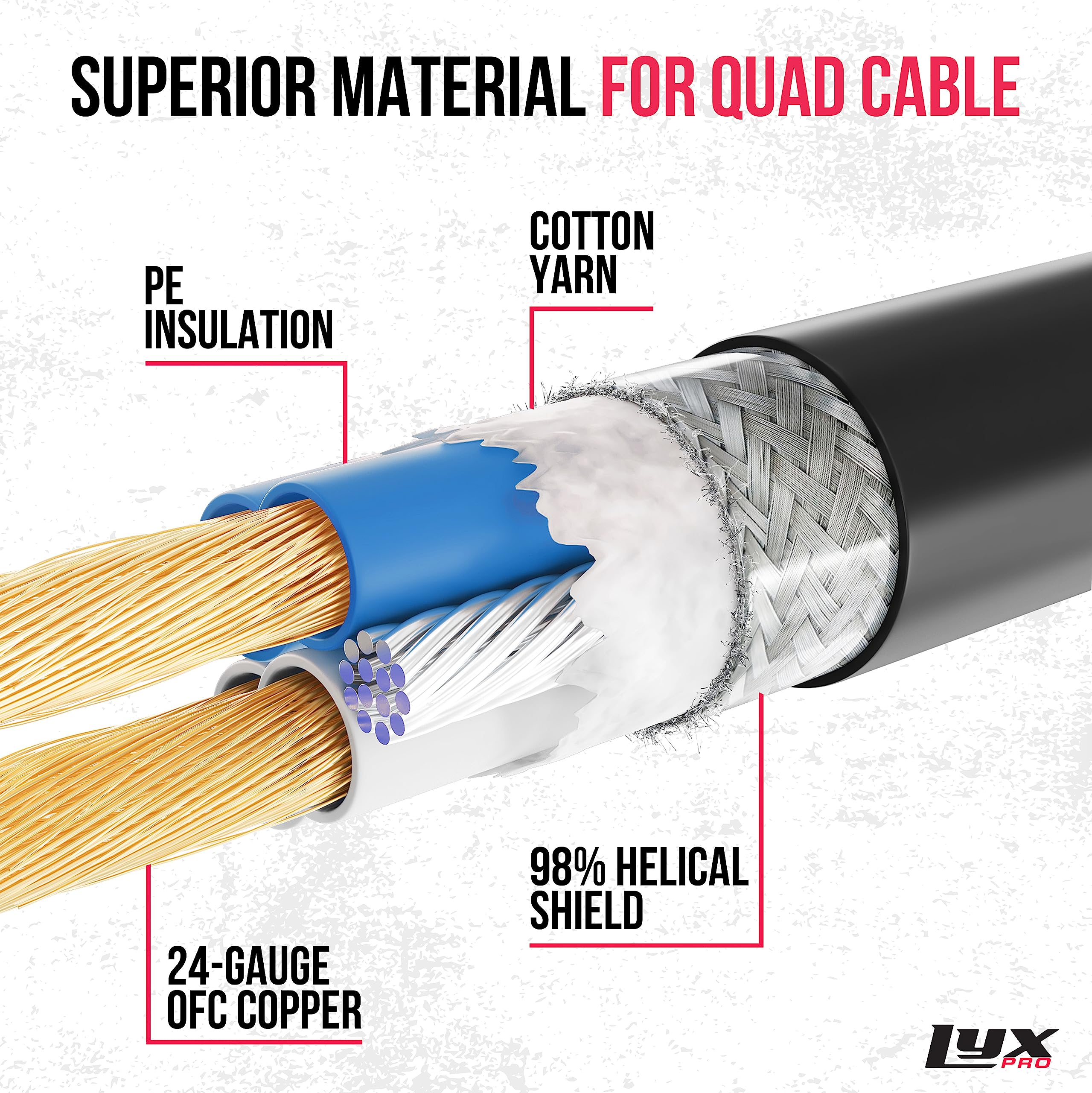 LyxPro Quad Series 20 ft XLR 4-Conductor Star Quad Balanced Microphone Cable for High End Quality and Sound Clarity, Extreme Low Noise, Black