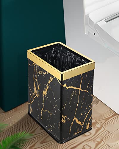 Huaqinglian Small Office Trash can Bedroom Wastebasket,Rectangle Slim Bathroom Kitchen Garbage can 2.6Gallon(Black Gold Marble)