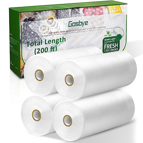 Gasbye Vacuum Sealer Bags, [200ft Mega-Pack] 4 Rolls each 8"x50' Food Saver Vacuum Sealer Bags Rolls for Custom Fit Airtight Freshness & Sous Vide, BPA Free, 7-Layer Ultra-Thick Anti-Puncture Design