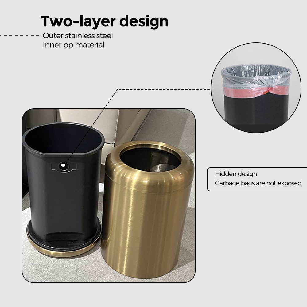 LEASYLIFE 8L/2.1gal Brushed Nickel Gold Trash Can,Small Gold Trash Can,Brass Trash Can for Bathroom,Powder Room,Bedroom,Office (Gold)